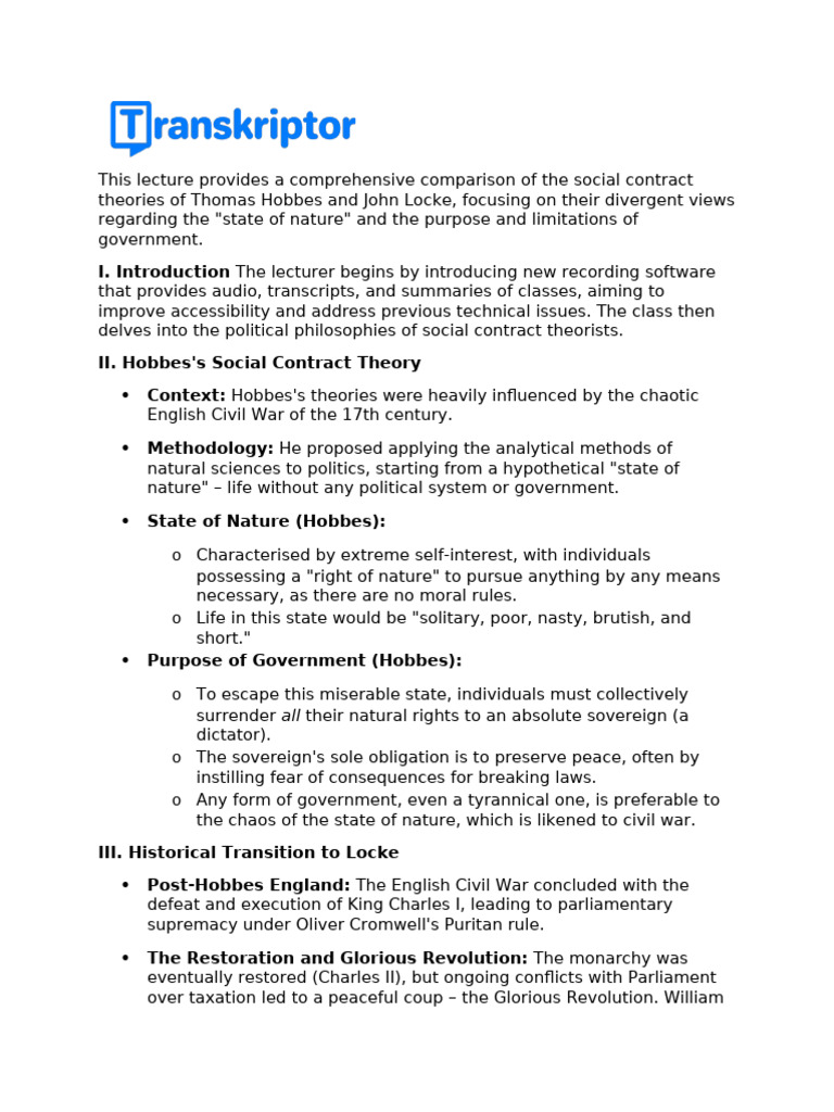 Hobbes Review and Locke | PDF | Social Contract | John Locke