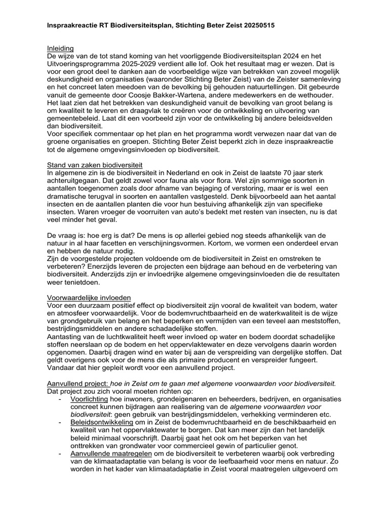 Bijdrage Stichting Beter Zeist Biodiversiteitsplan (Schriftelijk) | PDF