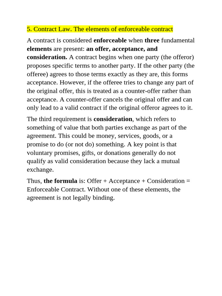 Contract Law. The Elements of Enforceable Contract | PDF