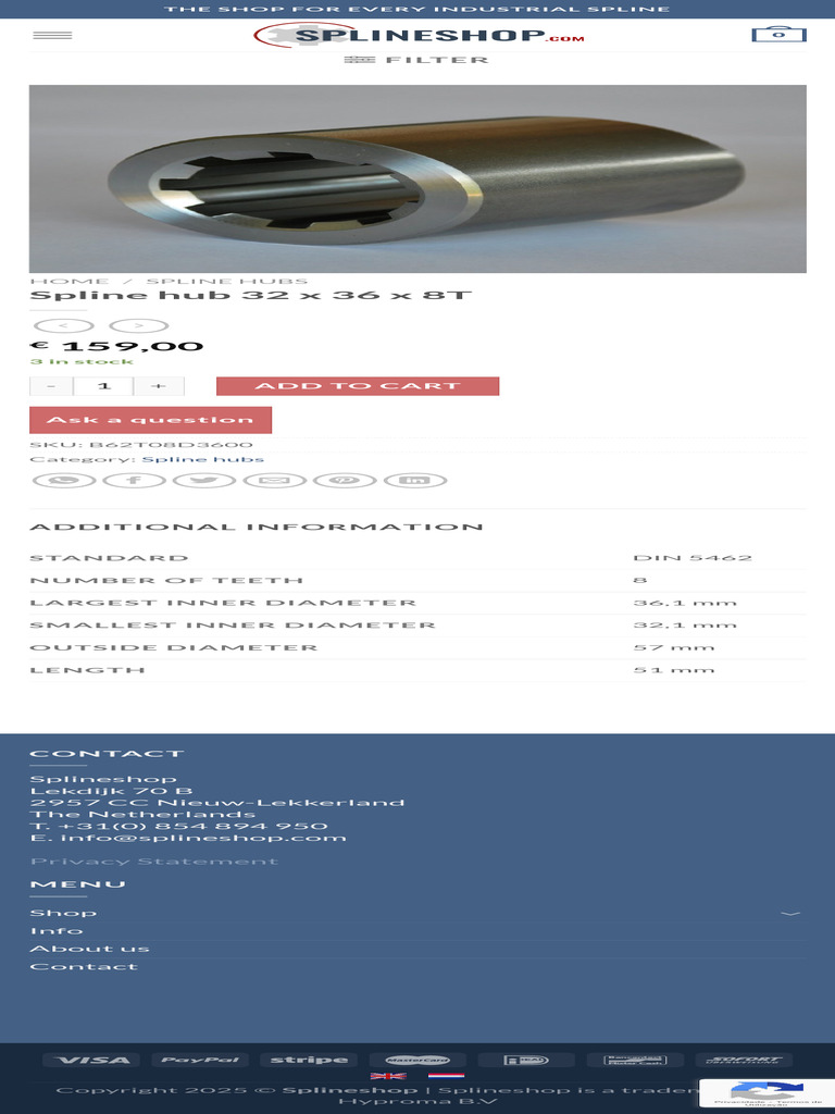 Spline Hub 32 X 36 X 8T - Splineshop | PDF
