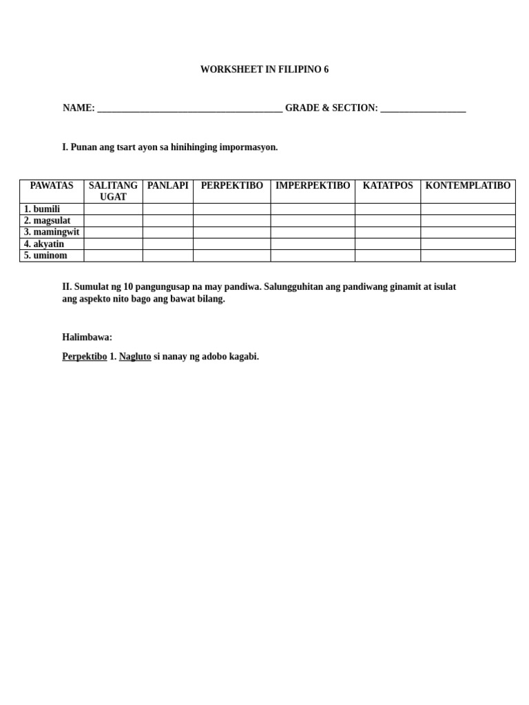 Worksheet in Filipino 6 | PDF