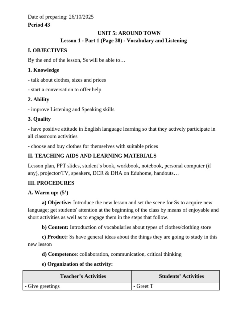 Lesson Plan - Unit 5 | PDF | Noun | Grammatical Number