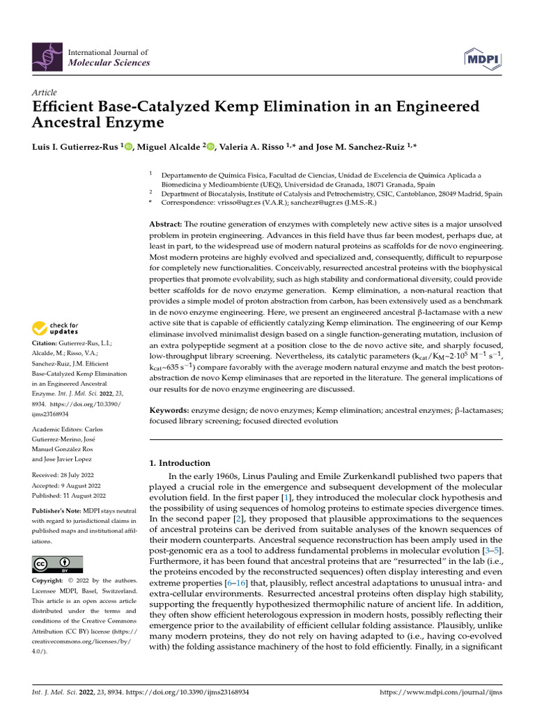 Efficient BaseCatalyzed Kemp Elimination in An Engineered Ancestral ...