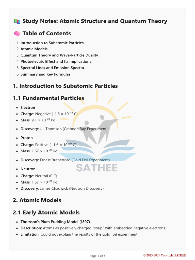 Day 03 Atomic Structure Part 1 Study Notes | PDF | Atoms | Electron