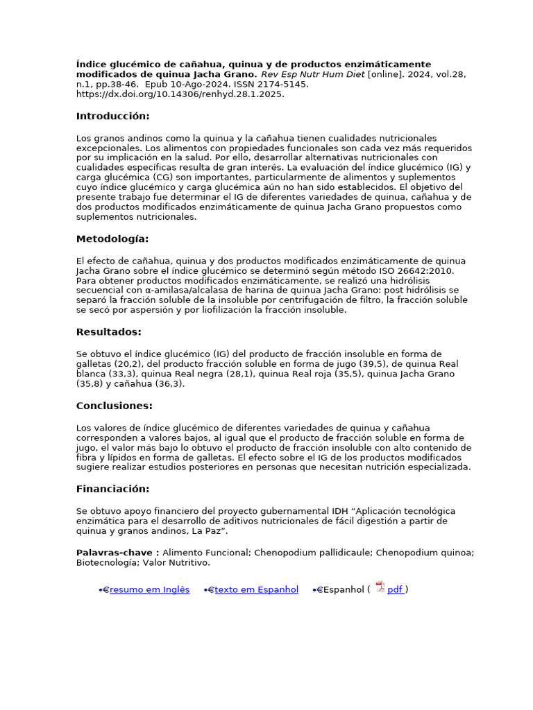 Índice Glucémico de Cañahua | PDF | Quinua | Nivel de glucosa