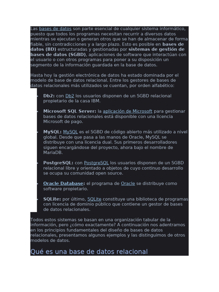 Definicion de Base de Datos Relacional | PDF | Bases de datos | SQL