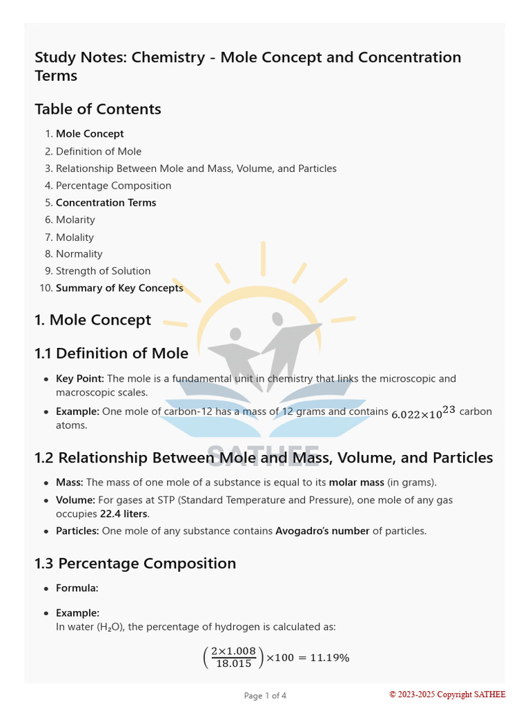 Mole Concept & Solution Concentration Guide | PDF | Mole (Unit) | Molar ...