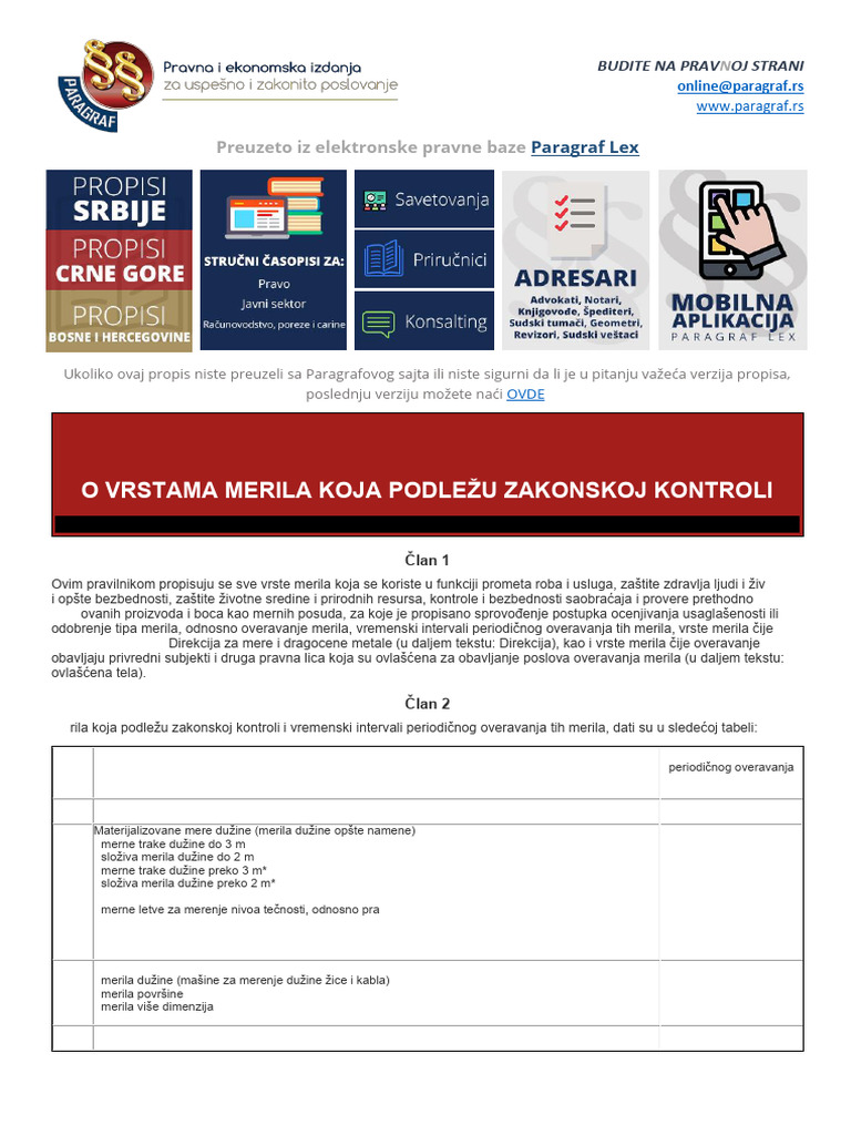 Pravilnik o Vrstama Merila Koja Podlezu Zakonskoj Kontroli | PDF