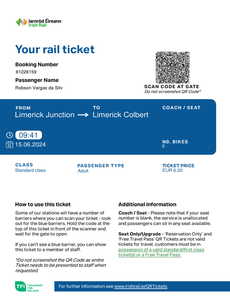 Your Rail Ticket: Limerick Junction Limerick Colbert | PDF
