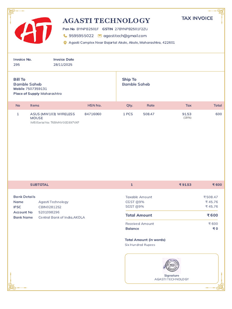 Bamble Saheb Sales Invoice 295 | PDF