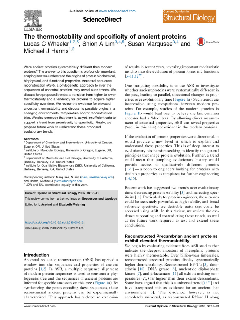 The Thermostability and Specificity of Ancient Proteins | PDF ...