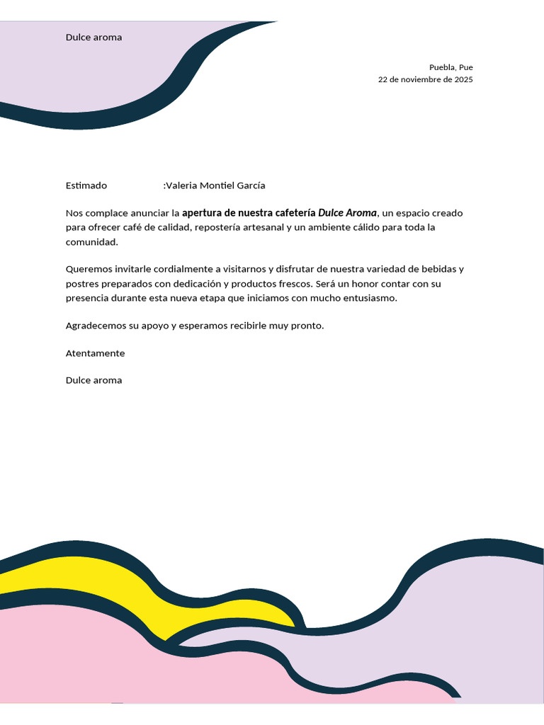 Apertura de Cafetería Dulce Aroma | PDF | café | Postres