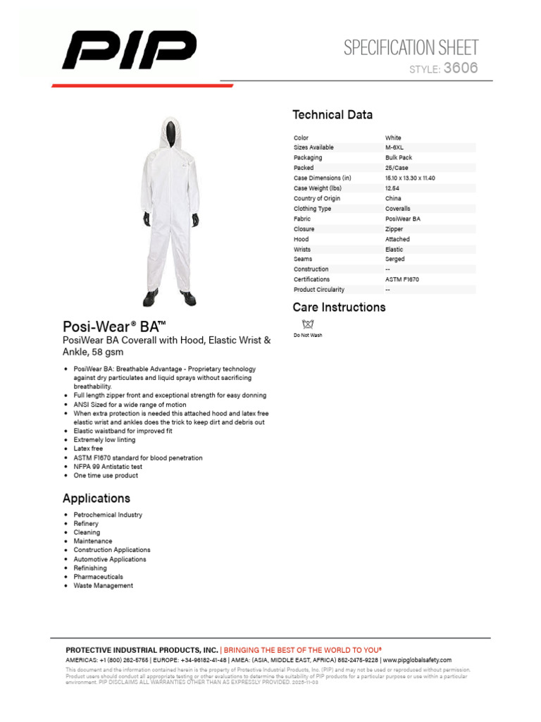 PosiWear BA Coverall Specification Sheet | PDF