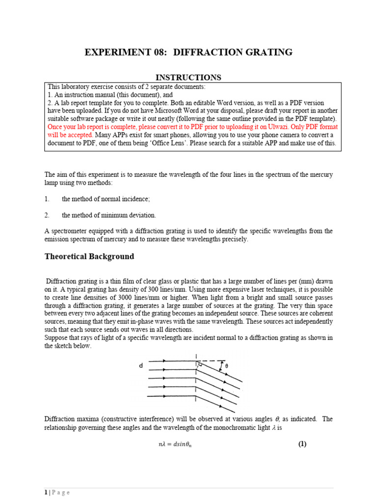 Exp08 - Diffraction Grating - Manual | PDF | Diffraction | Wavelength