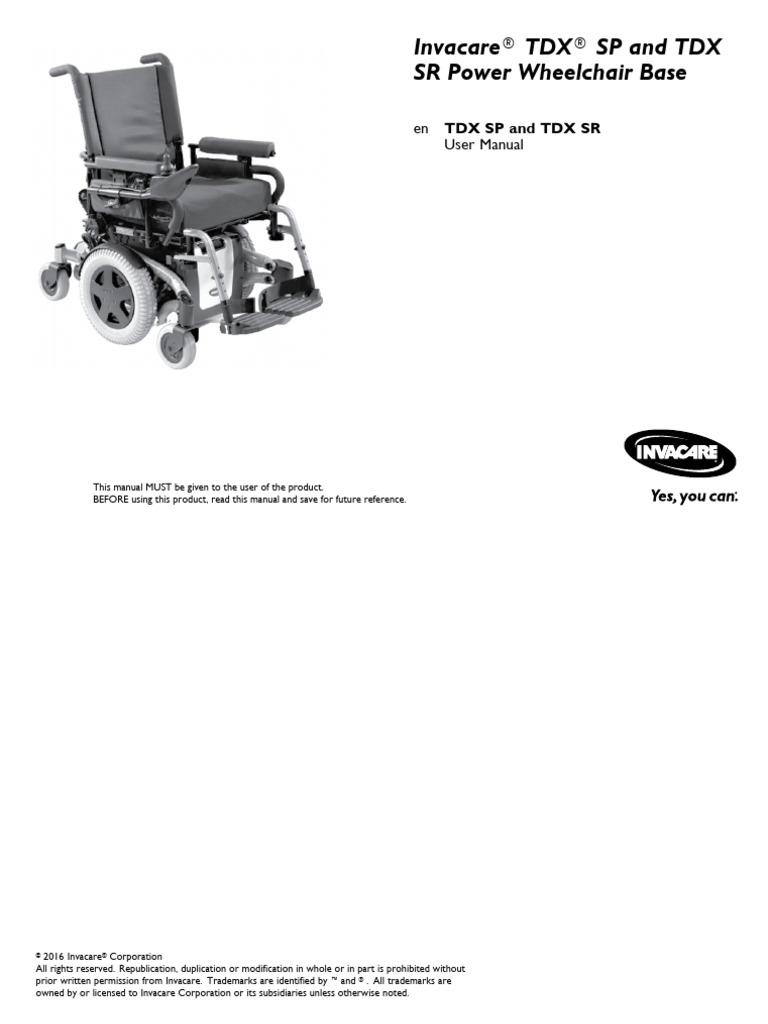 Invacare® TDX® SP and TDX SR Power Wheelchair Base: en User Manual ...