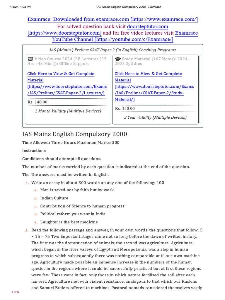 IAS Mains English Compulsory 2000 Exam | PDF | Evolution