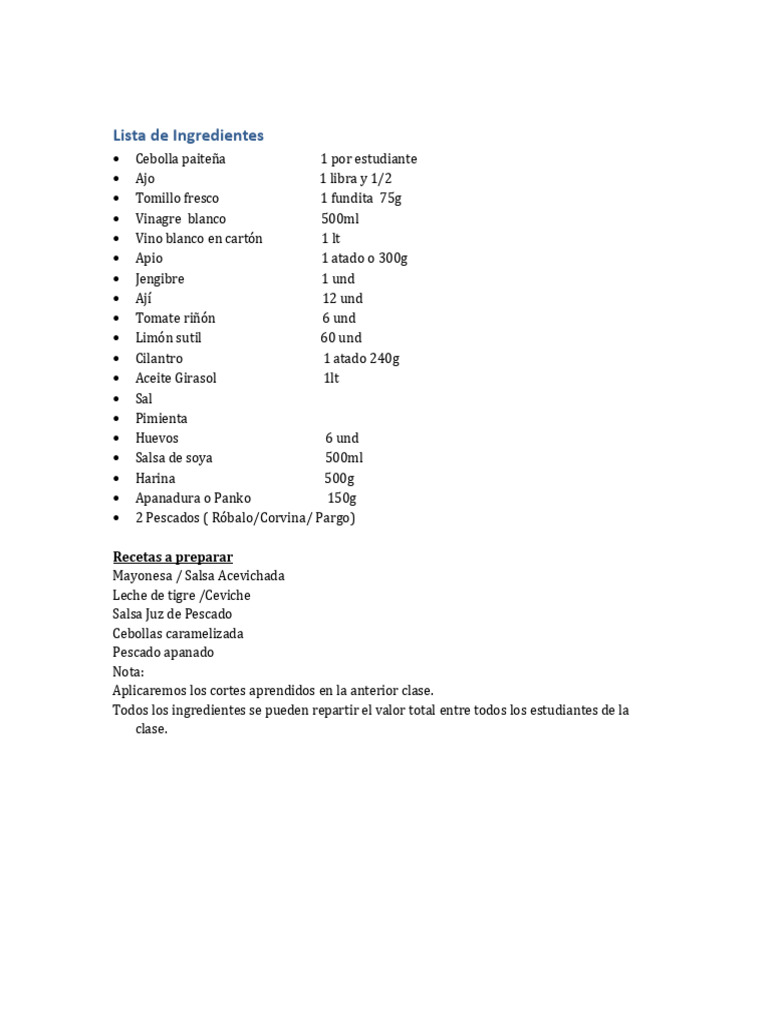 Ingredientes para Clases de Cocina | PDF