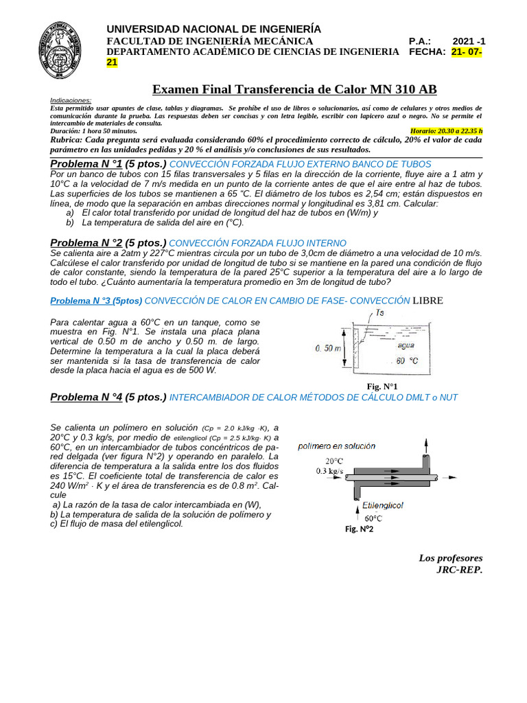 Examen Final Transferencia de Calor MN 310 | PDF | Intercambiador de ...
