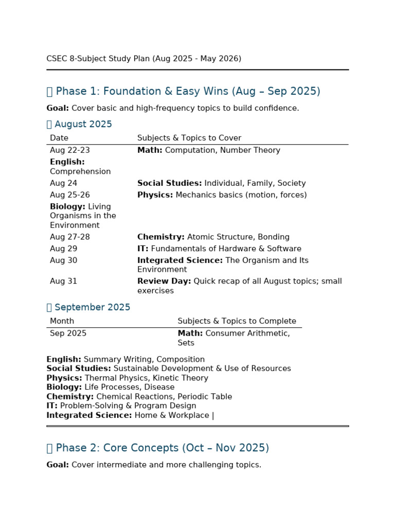 Csec 8 Subjects Study Plan | PDF | Chemistry | Physics