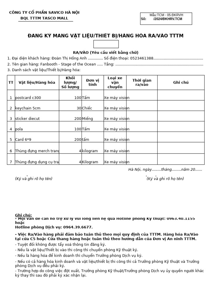 TCM - 05.Đăng Ký Hàng Hóa Ra, Vào.xlsx | PDF
