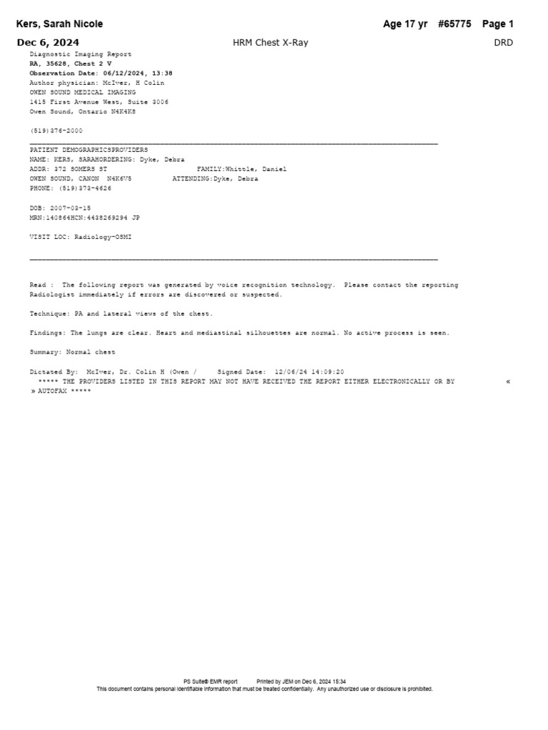 Normal Chest X-Ray Report for Sarah Kers | PDF