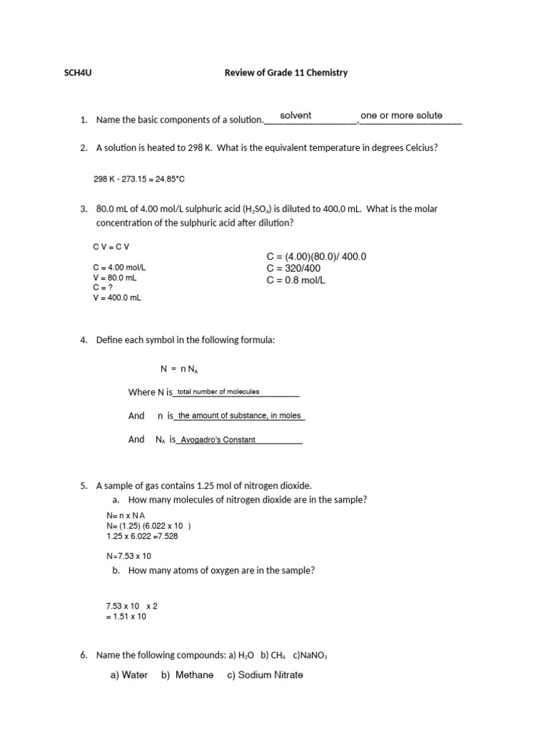 Grade 11 Chemistry Solution Review | PDF | Mole (Unit) | Atoms