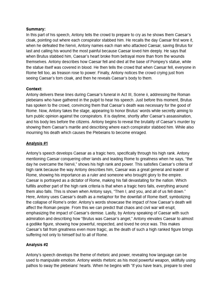 Antony's Rhetoric at Caesar's Funeral | PDF | Julius Caesar | Mark Antony