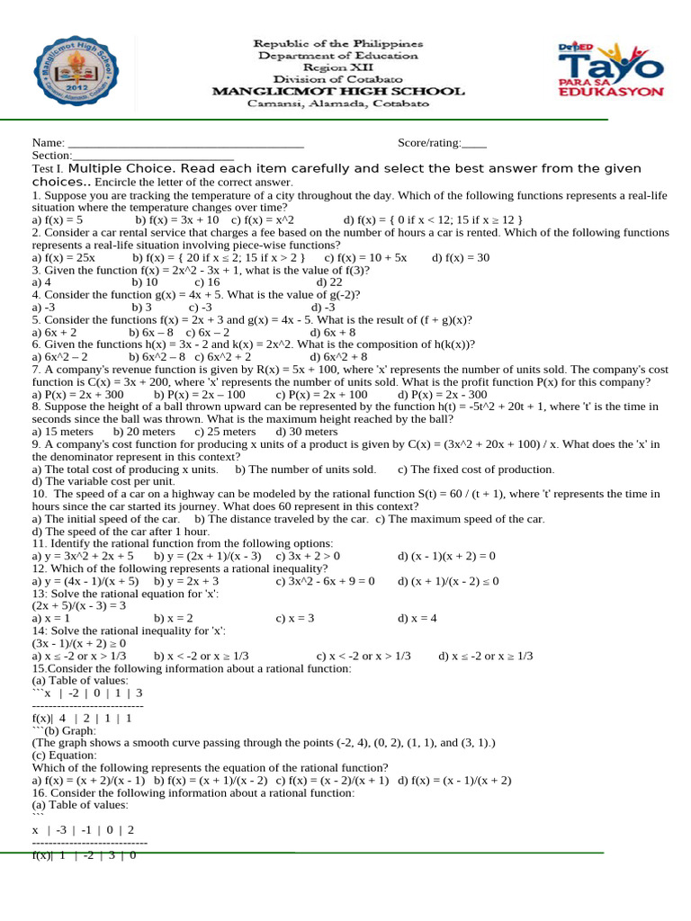GEN-MATH-Q1 | PDF | Function (Mathematics) | Inequality (Mathematics)