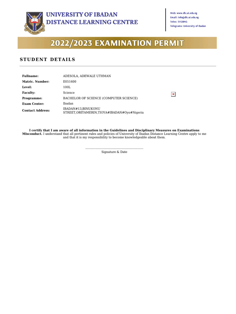 2022 2023 Exam Permit Card Document | PDF