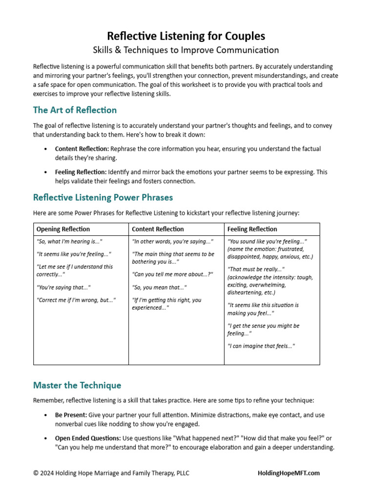 Reflective Listening Techniques for Couples | PDF | Feeling | Emotions