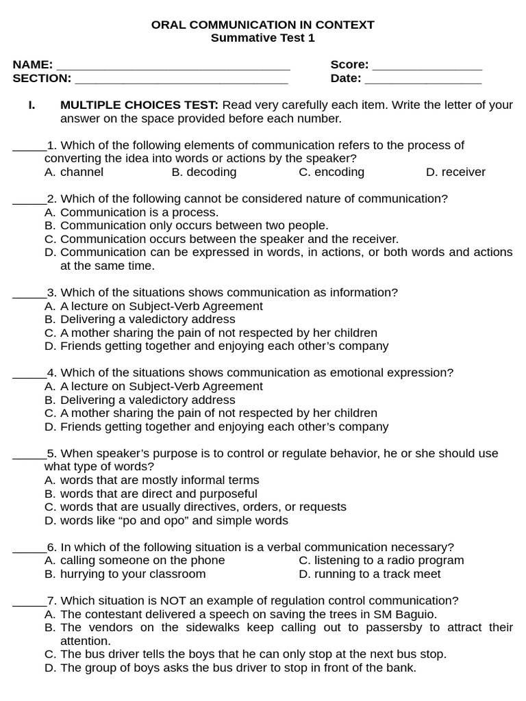 Oral Communication Summative Test | PDF | Communication | Nonverbal ...