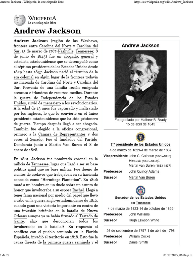 Andrew Jackson - Wikipedia, La Enciclopedia Libre | PDF | Andrew ...