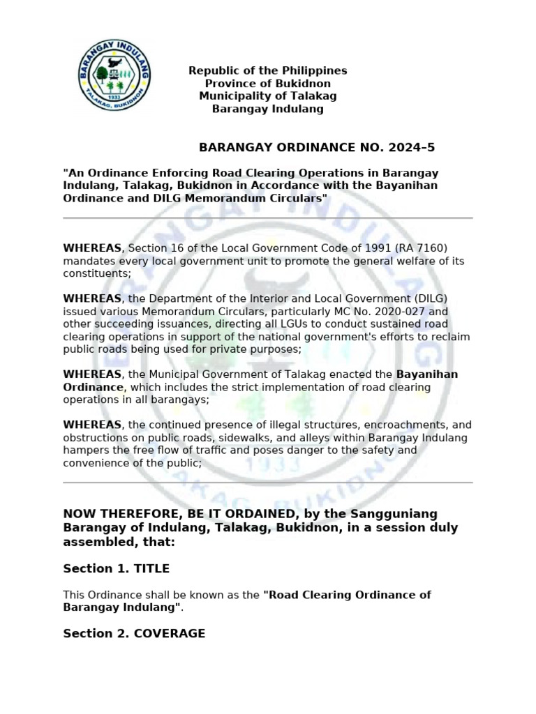 Brgy. Ordinance On Road Clearing | PDF | Road | Justice