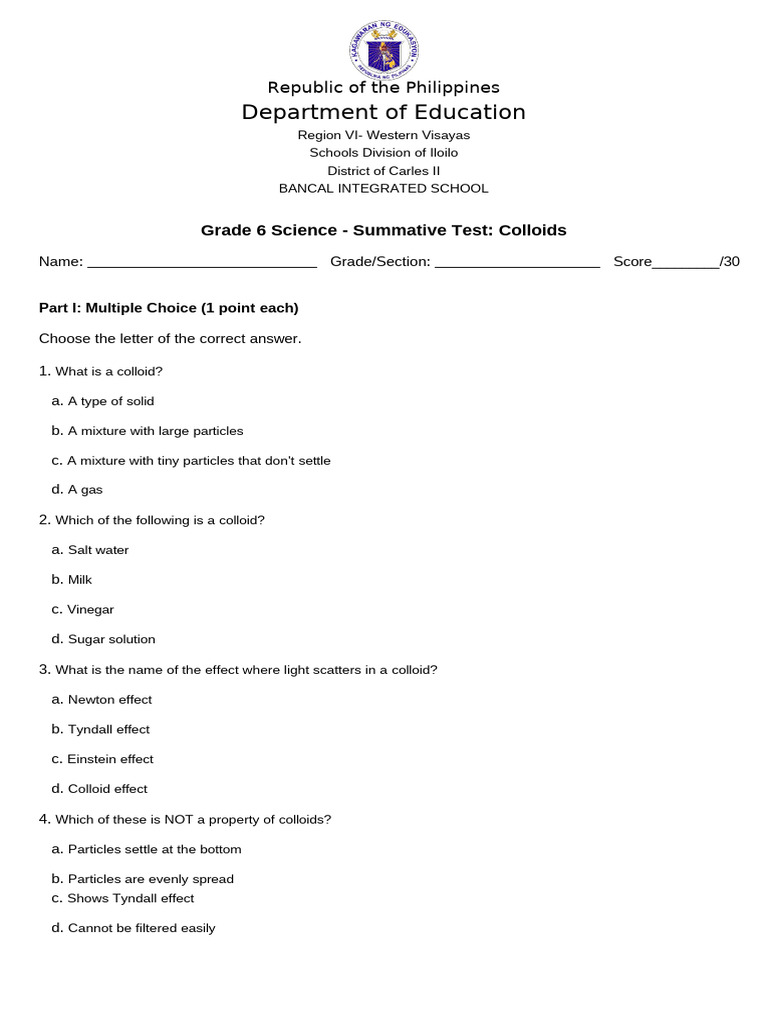 Grade6 Colloids Summative Test | PDF | Colloid | Mixture