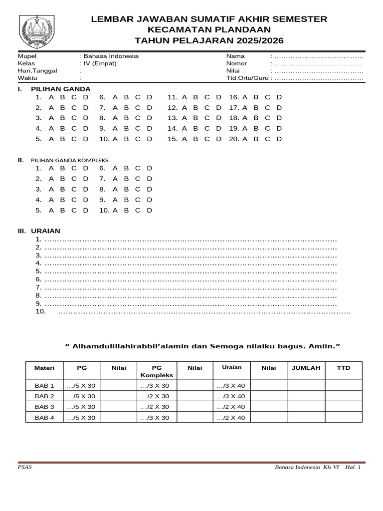 LJK SAS Bahasa Indonesia | PDF