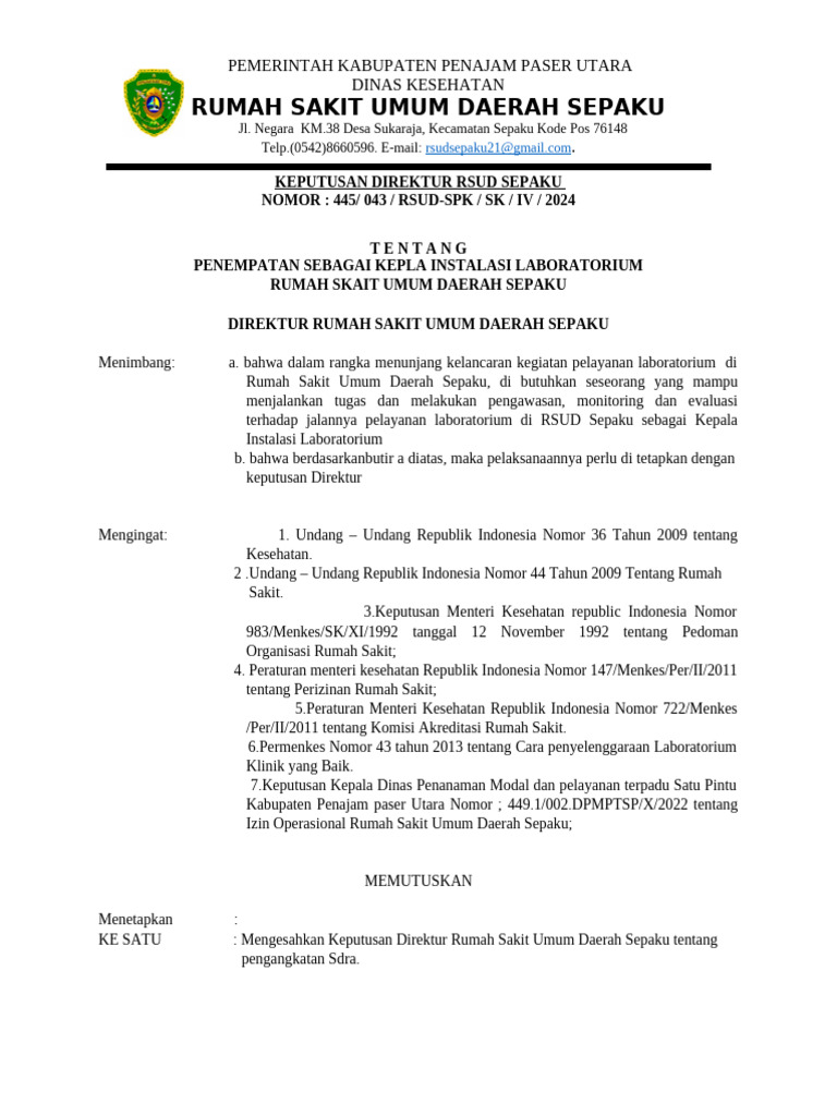 SK Direktur TTG Kepala Laboratorium | PDF