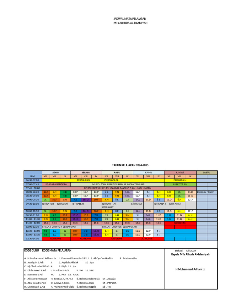 Jadwal Pelajaran MTs Alhuda 2024-2025 | PDF