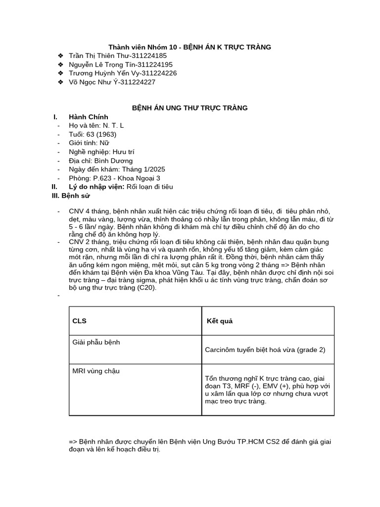 [Của Ber] Nhóm 10 - BỆNH ÁN K TRỰC TRÀNG | PDF