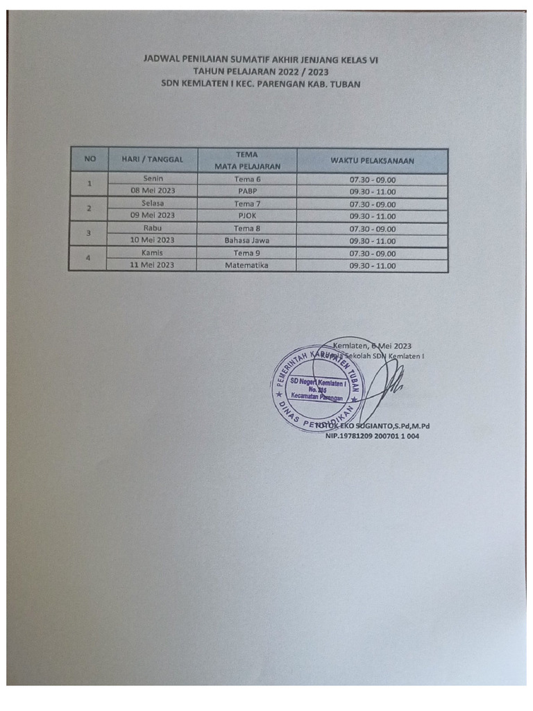 Jadwal Penilaian SAJ Kelas 6 | PDF