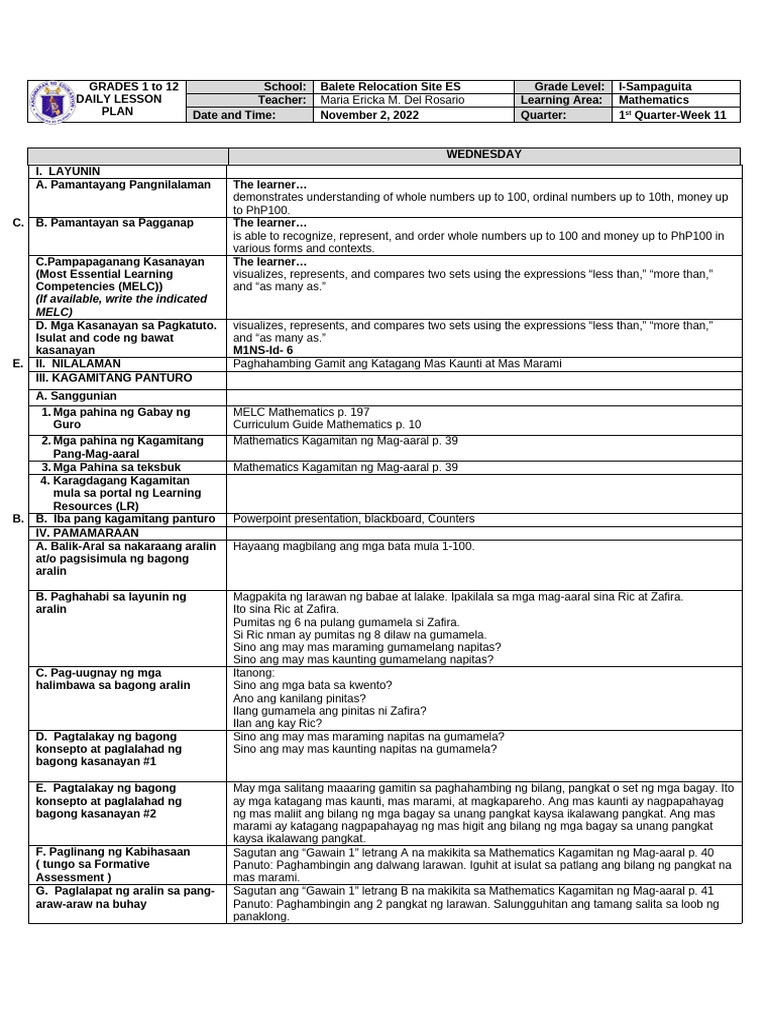 1Q Math DLP G1 W11 | PDF