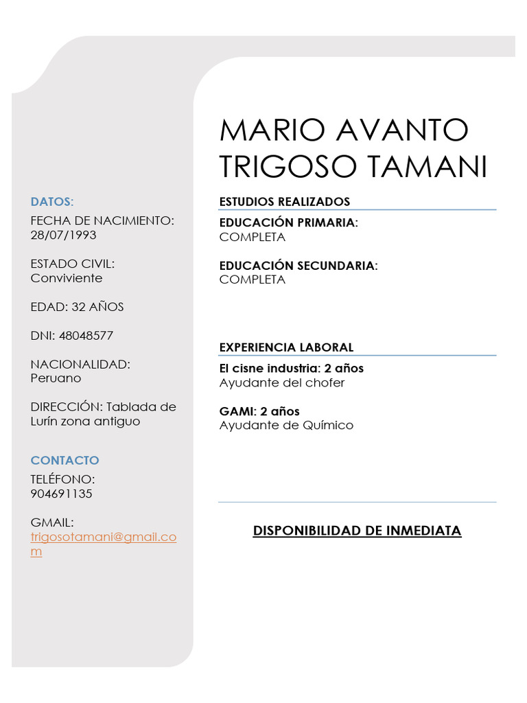 Currículum de Mario Avanto Trigoso | PDF