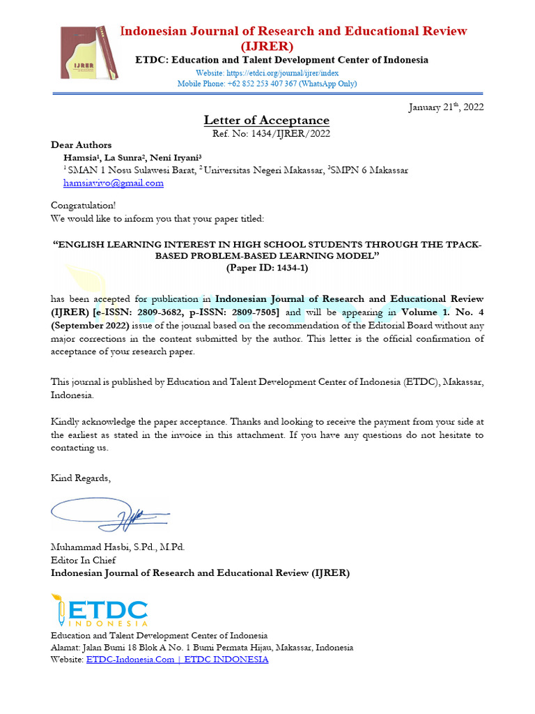 Acceptance Letter for IJRER Publication | PDF