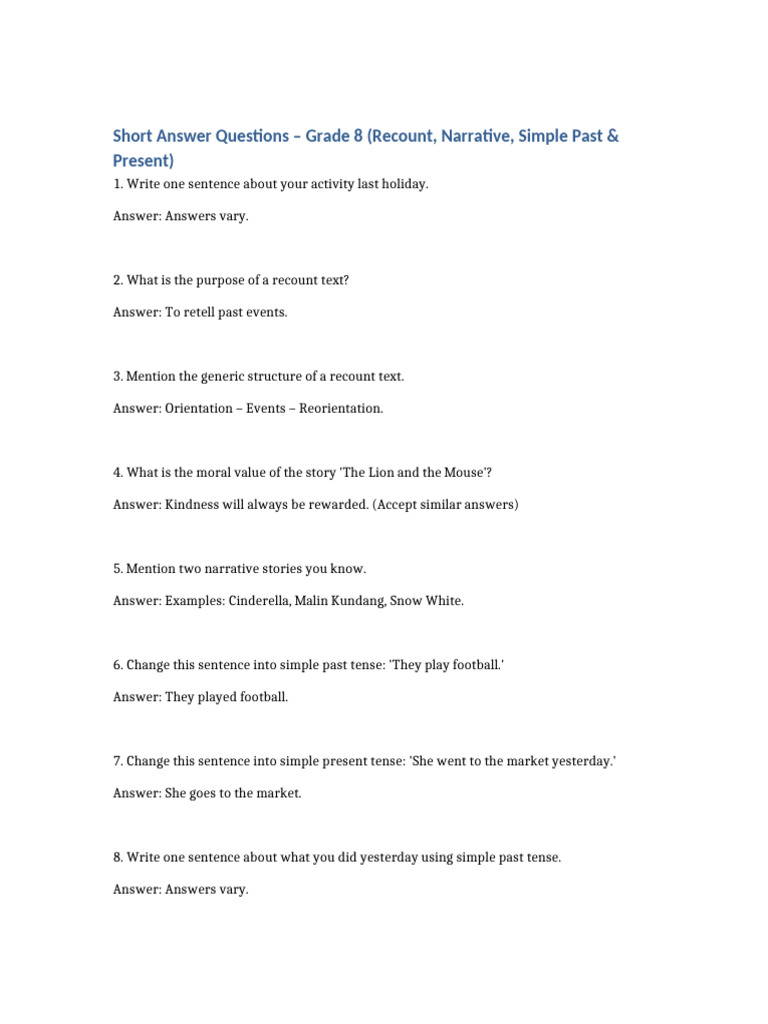 Short Answer Grade8 Recount Narrative | PDF