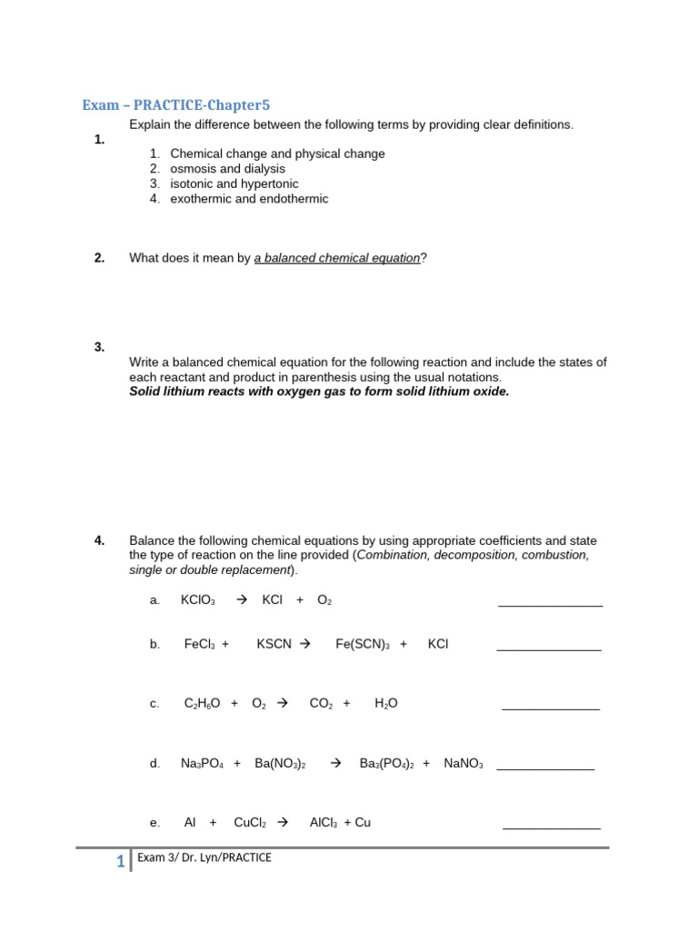 Chemistry Exam Practice: Reactions & Equations | PDF | Chemical ...