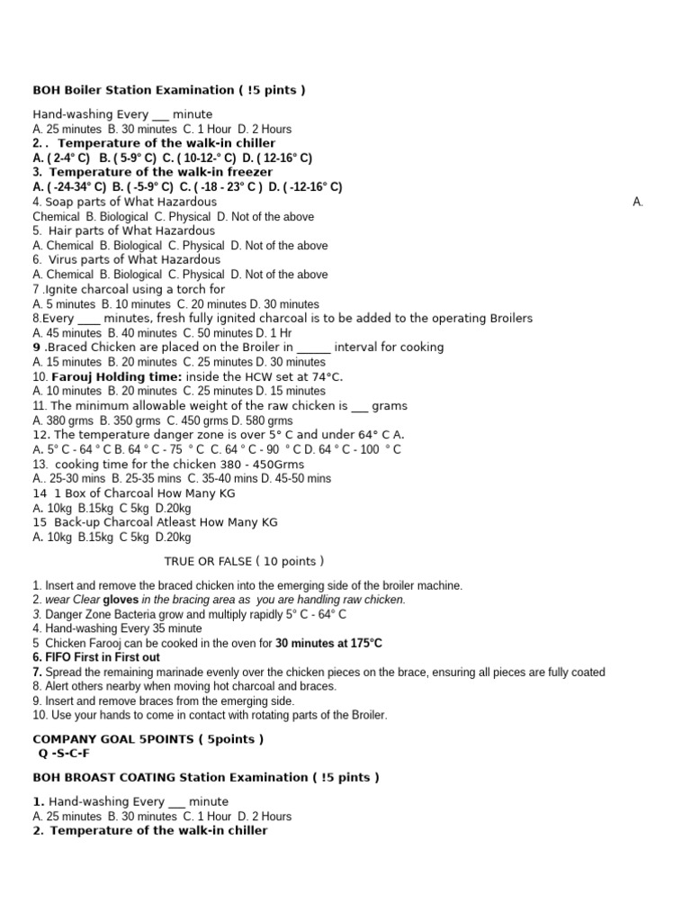 BOH Boiler Station Safety Exam Guide | PDF | Hand Washing | Grilling