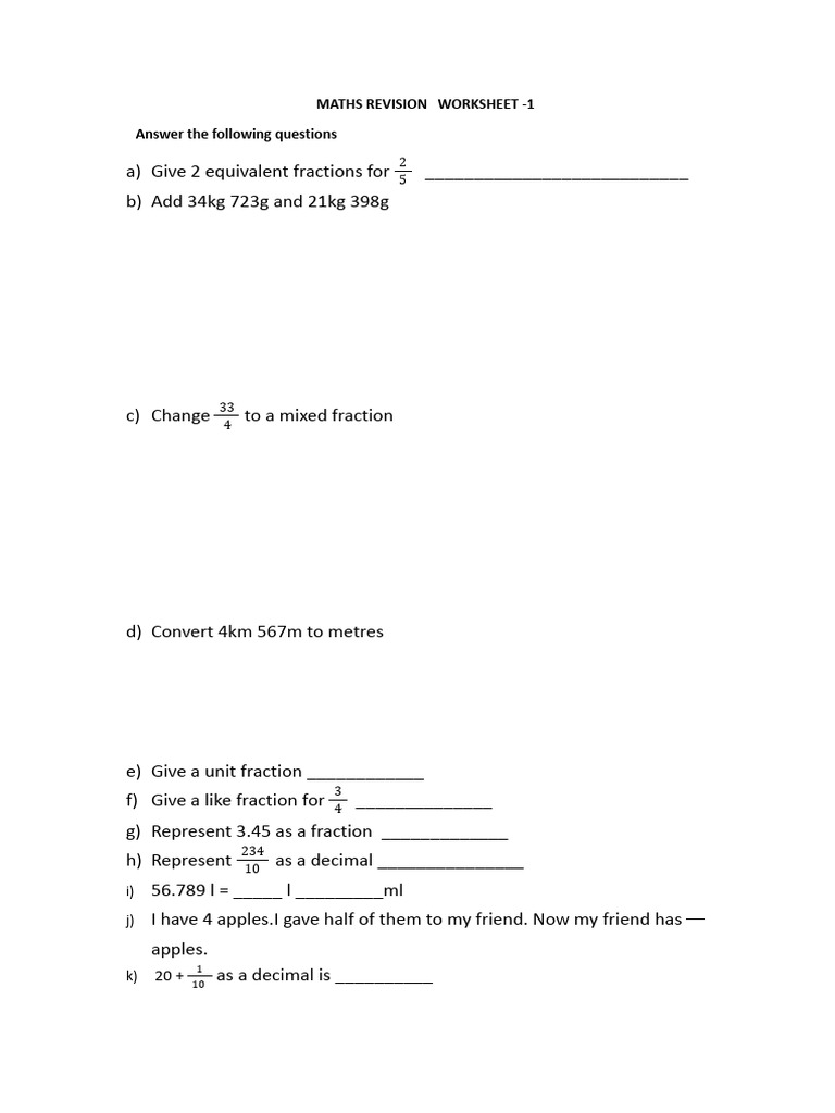 Maths Revision Worksheet for Students | PDF