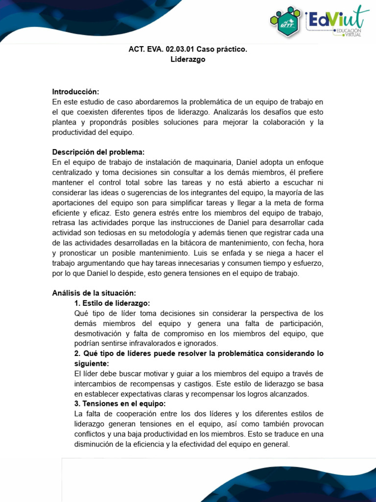 ACT. EVA. 02.03.01 Caso Práctico. Liderazgo | PDF | Liderazgo