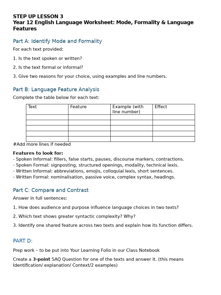 Year 12 English Language Worksheet: Modes & Features | PDF
