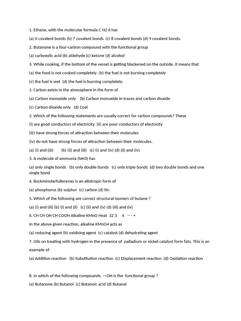 Carbon Compounds Questions | PDF | Molecules | Chemical Bond