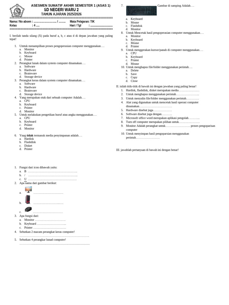 Soal Ujian TIK Kelas 4 | PDF